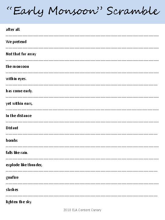 Inside Out & Back Again Fun Poem Scramble- Early Monsoon - Classful