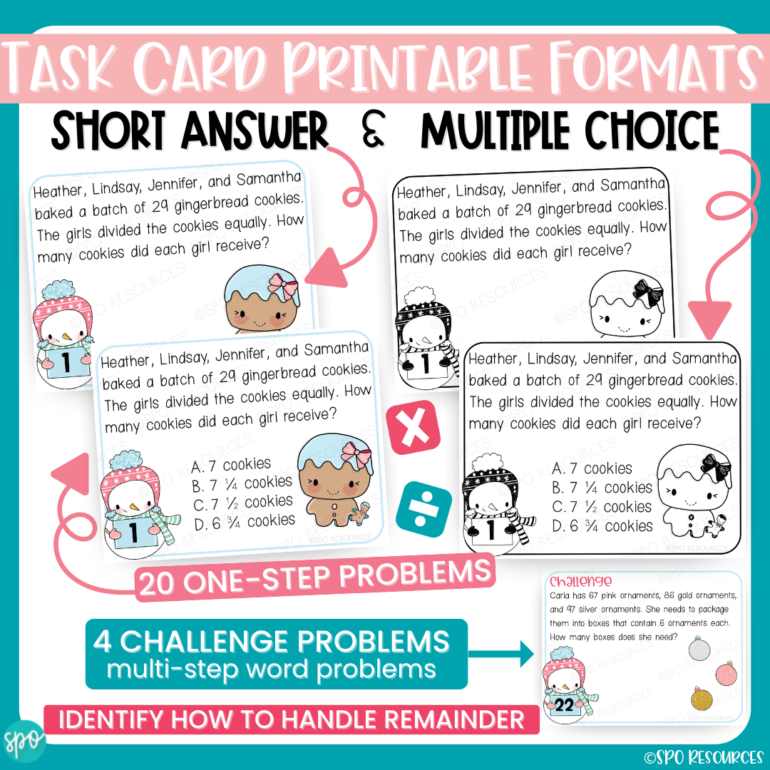 Winter Holiday Math Task Cards Division Interpret the Remainder Word ...