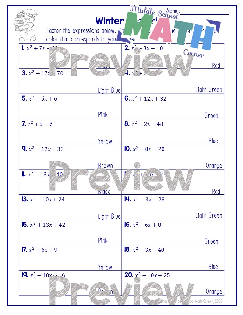 Christmas and Winter Factoring Polynomial Expressions a=1 Coloring ...