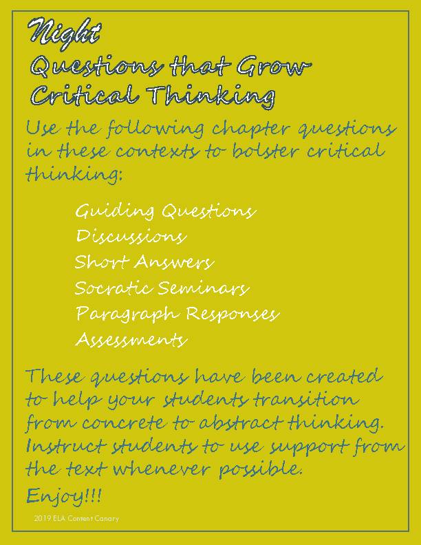 Night by Elie Wiesel Questions for Critical Thinking, Comprehension ...