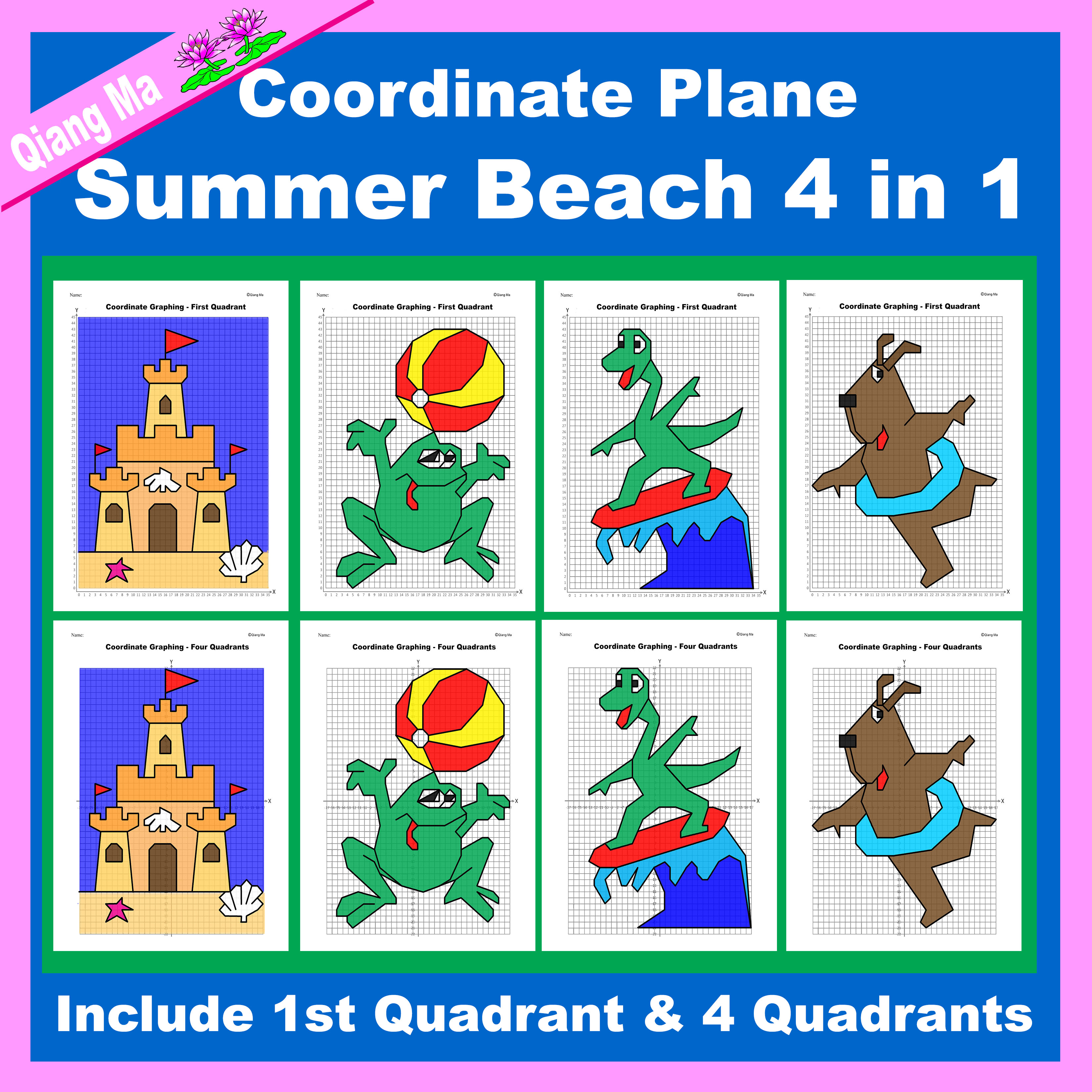 Summer Coordinate Plane Graphing Picture- Beach Bundle 4 in 1 - Classful
