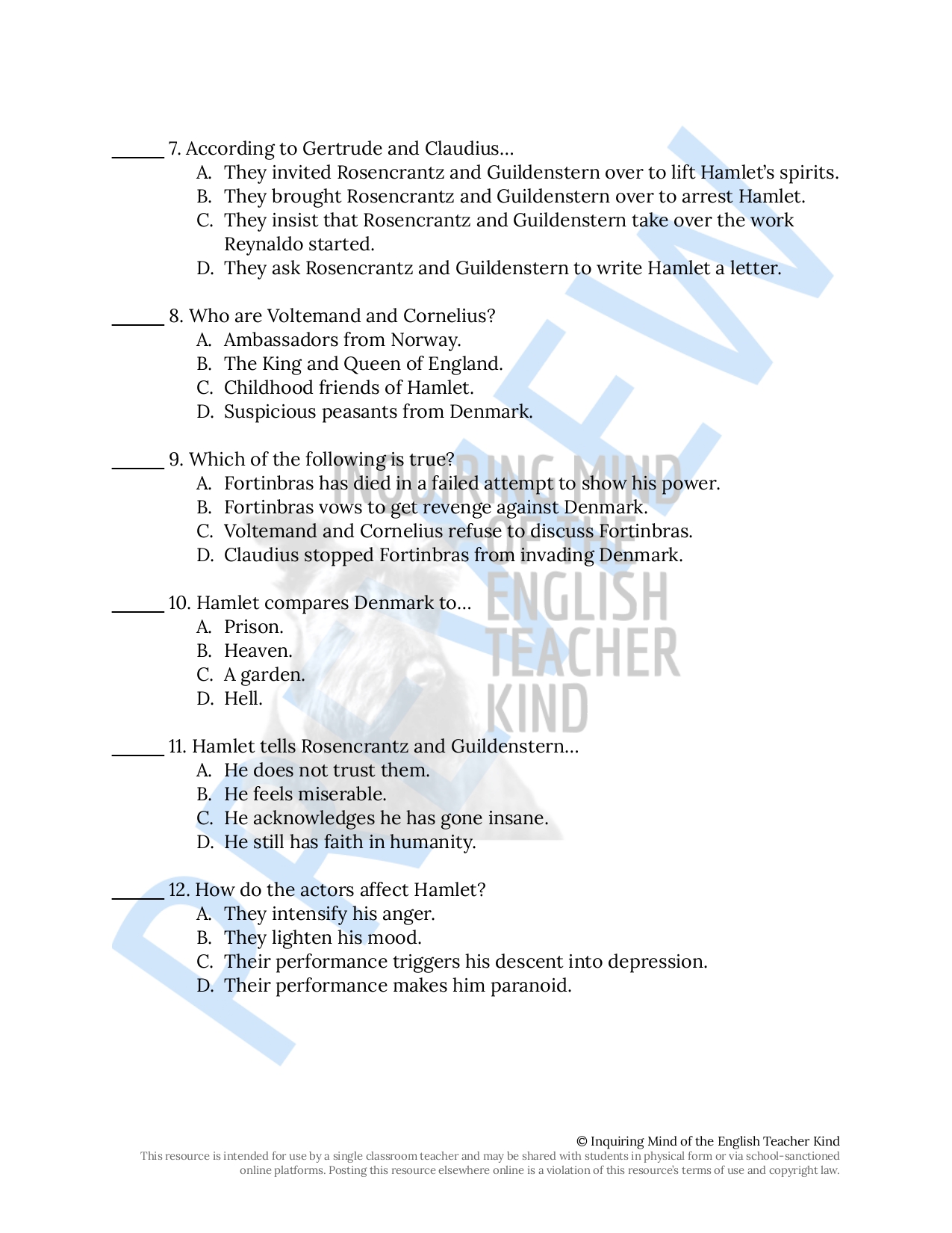 Hamlet Quiz and Answer Key Bundle - Classful