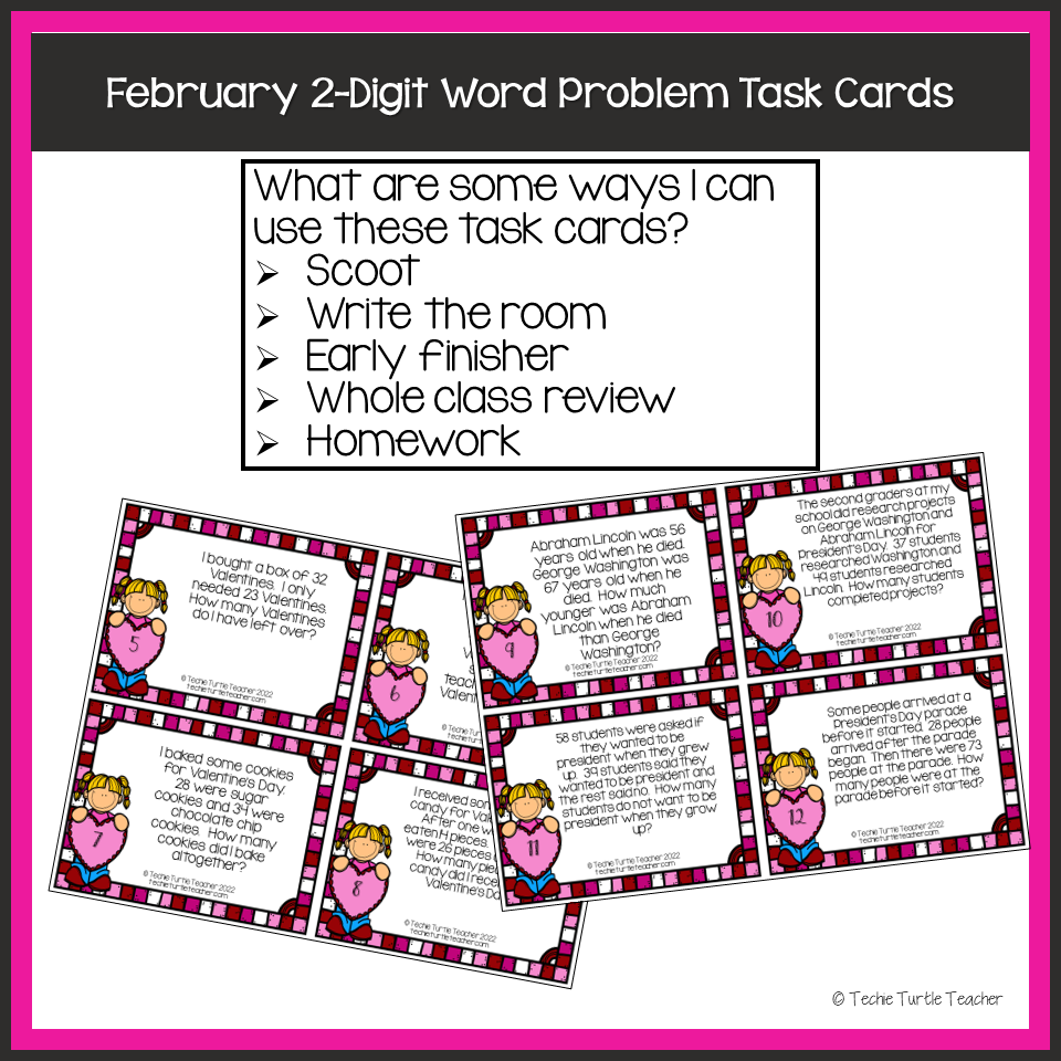 Addition & Subtraction 2-Digit Winter Word Problem Task Cards February ...