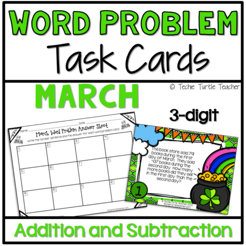 Addition & Subtraction 3-Digit Spring Word Problem Task Cards March ...