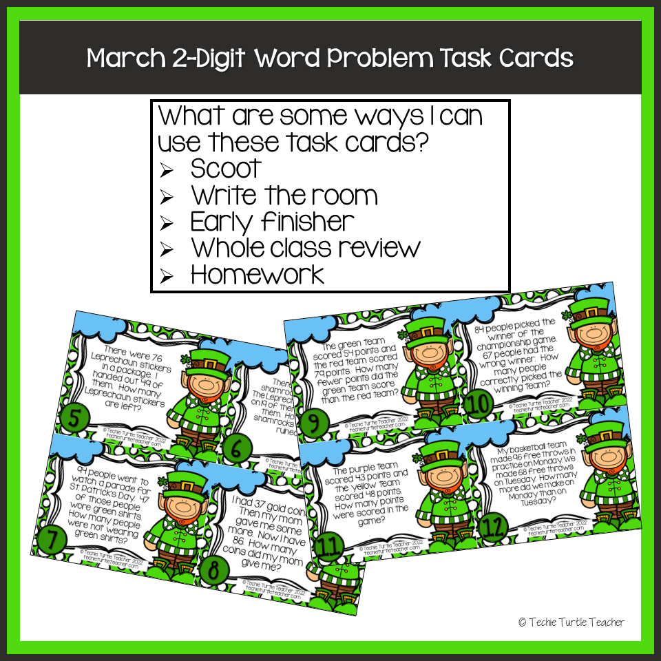 Addition & Subtraction 2-Digit Spring Word Problem Task Cards March ...