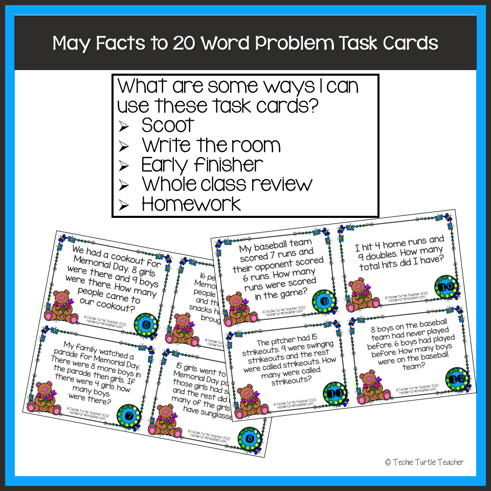 Addition & Subtraction Facts within 20 Spring Word Problem Task Cards ...