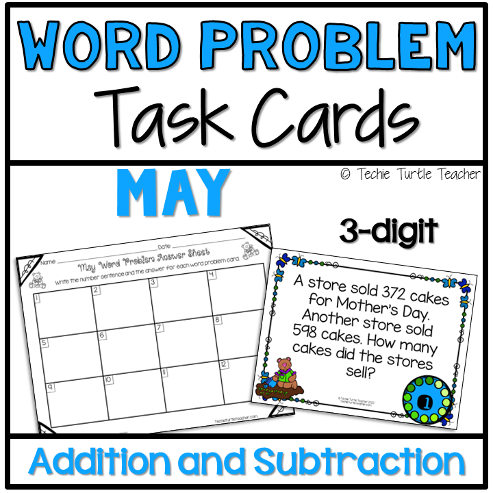 Addition & Subtraction 3-Digit Spring Word Problem Task Cards May ...