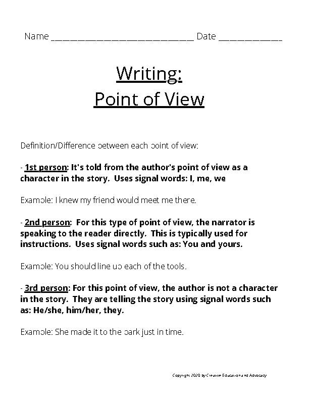 ELA Point of View General Writing Packet Sentence Paragraph Prompts MS ...