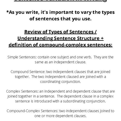 ELA Sentence Writing Practice - Sentences Variation simple compound MS ...