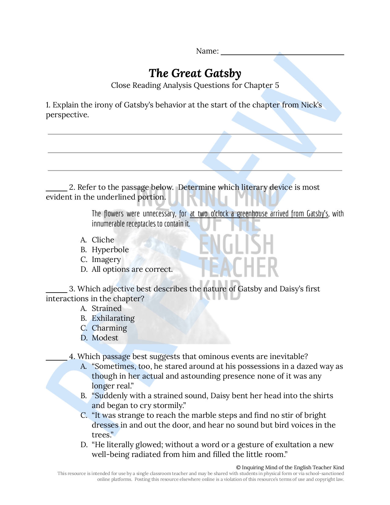 The Great Gatsby Close Reading Analysis Worksheets Bundle - Classful