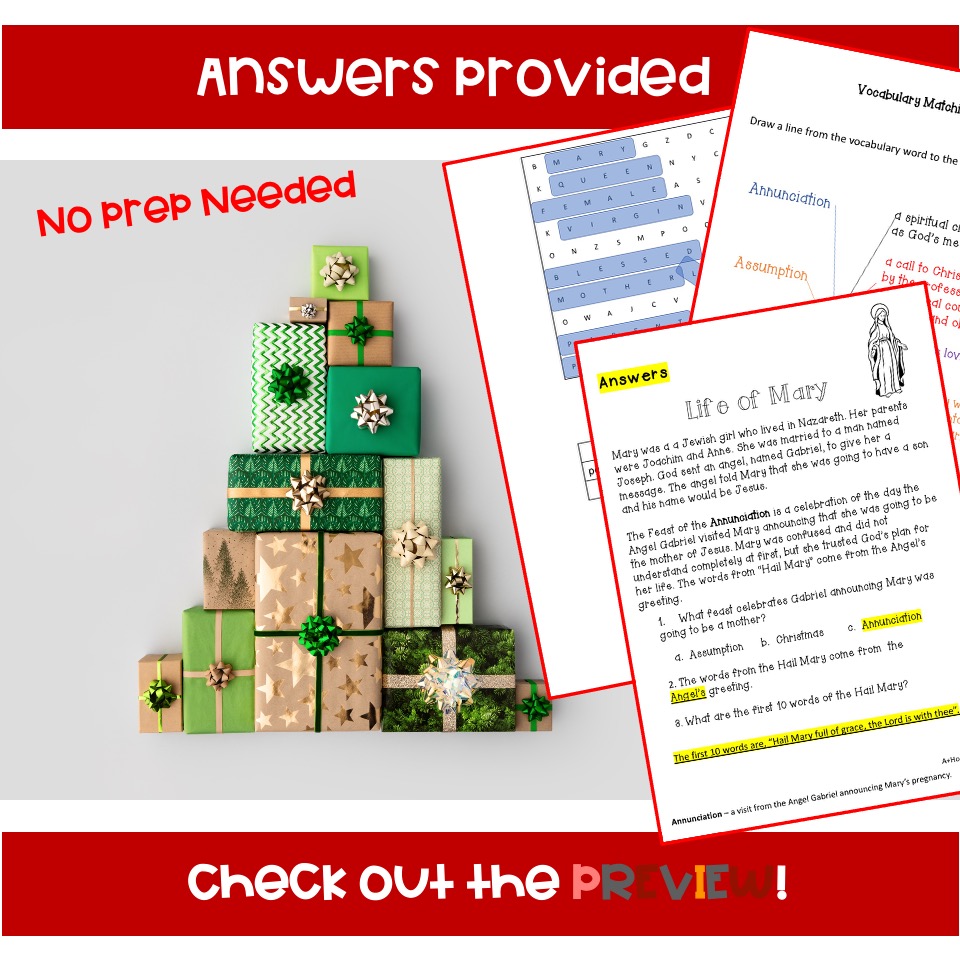 Mary Blessed Mother Mini Packet- Reading Comprehension & Activities ...