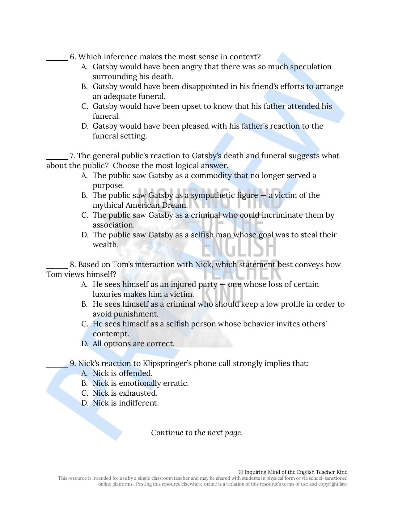 The Great Gatsby Chapter 9 Quiz and Close Reading Questions Bundle ...