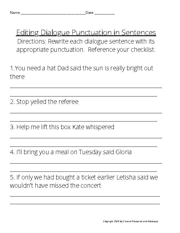 ELA Writing Packet - Editing Punctuation Dialogue Sentences Checklist ...