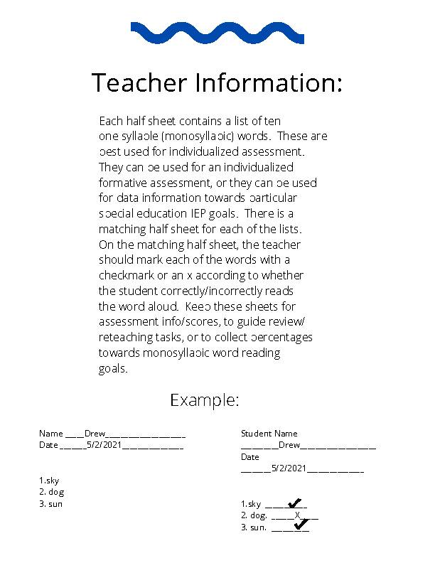 10 reading assessments one syllable words monosyllabic elementary SPED ...