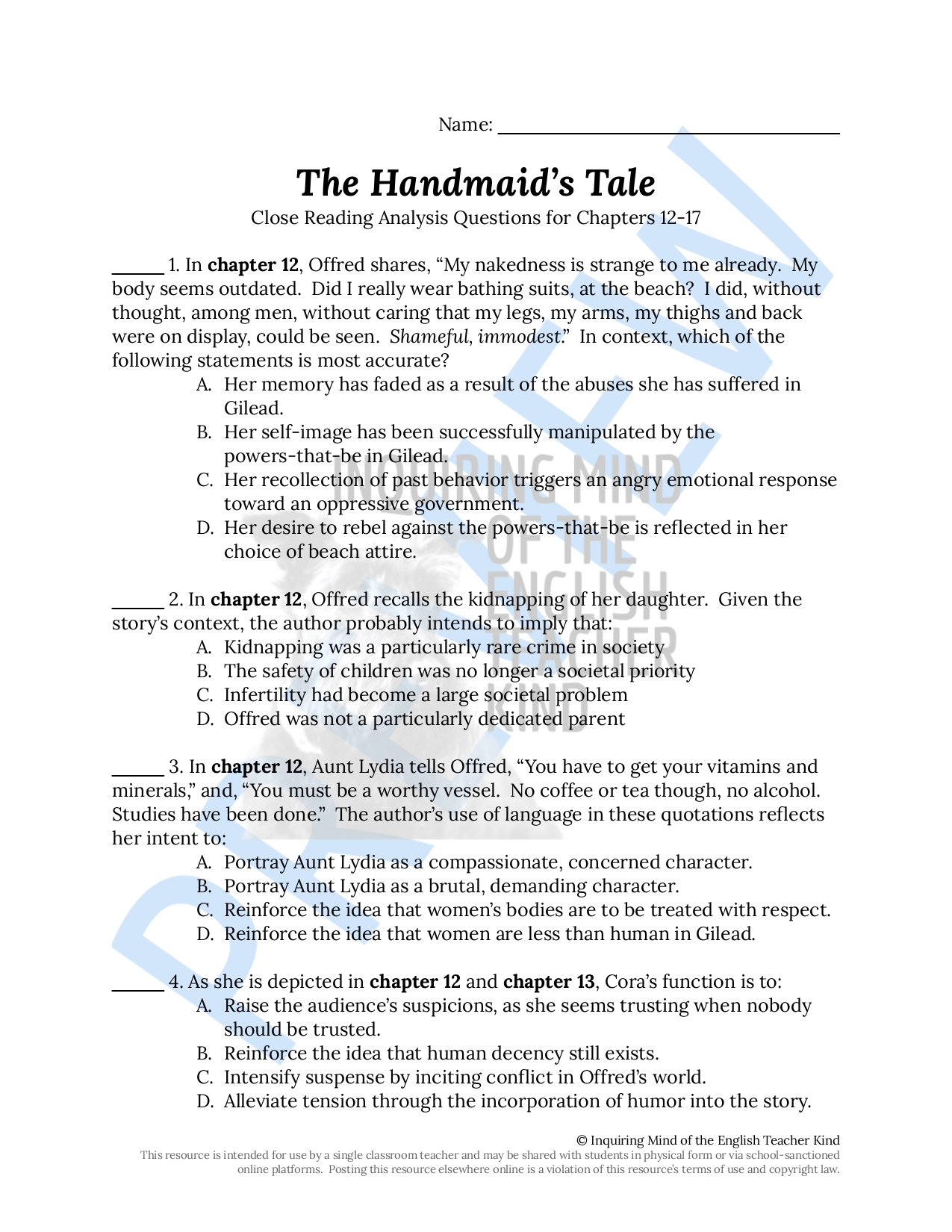 The Handmaid's Tale Close Reading Worksheets Bundle - Classful