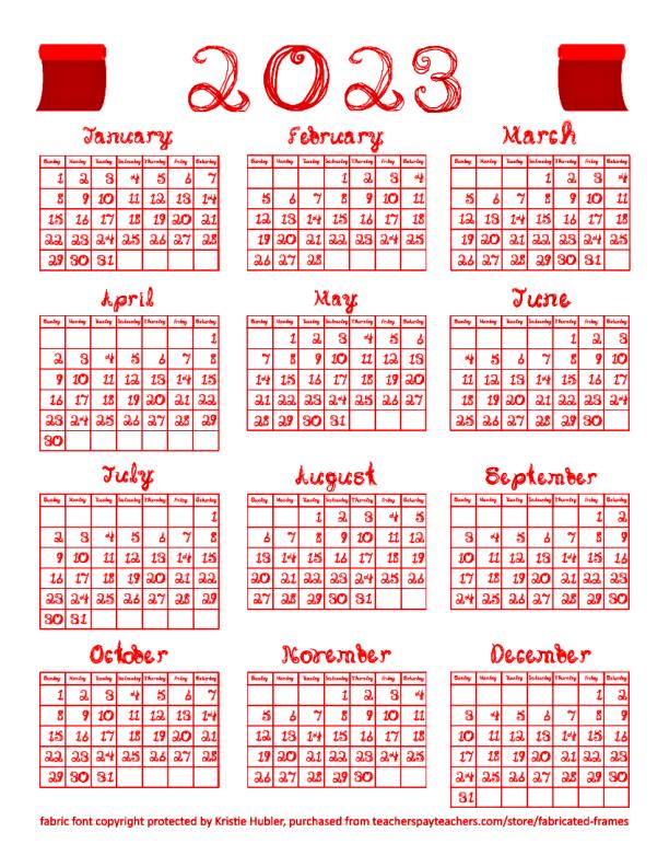 2023 Calendar Printable with Viva Magenta Berry Fabric Font Letters and ...