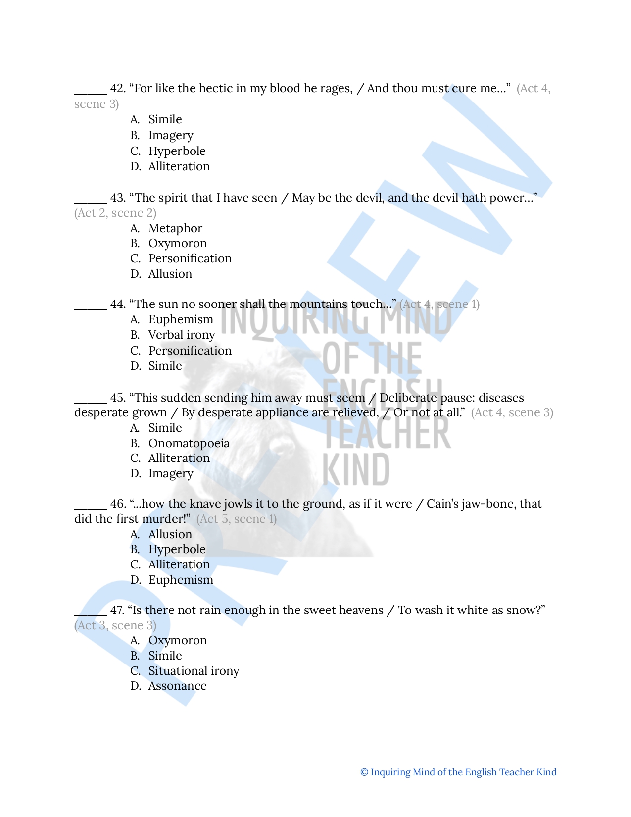 Hamlet Test and Answer Key - Classful