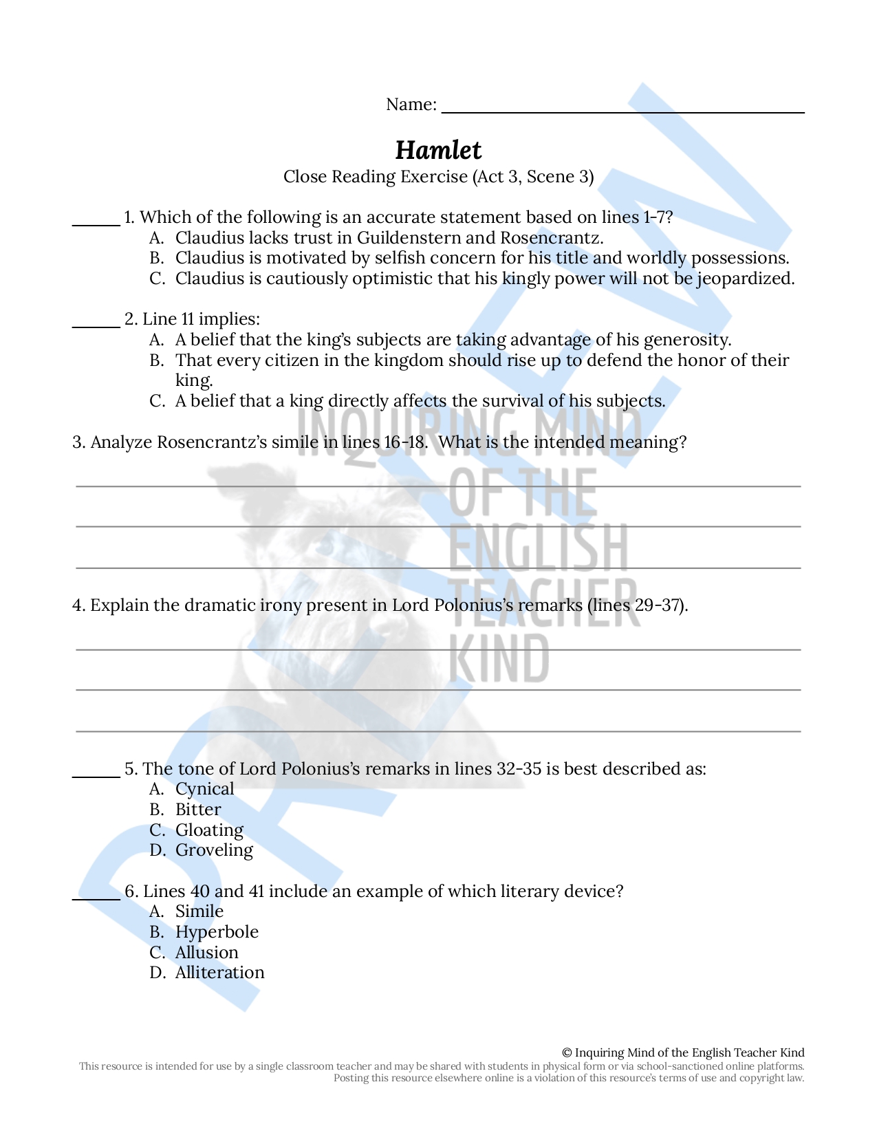 Hamlet Bundle of Quizzes, Close Reading Worksheets, and a Test - Classful