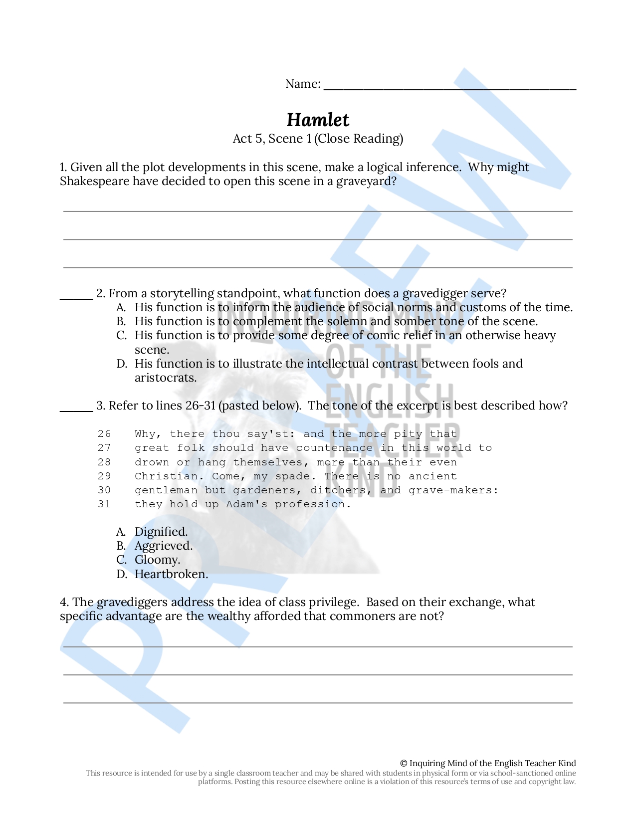 Hamlet Bundle of Quizzes, Close Reading Worksheets, and a Test - Classful