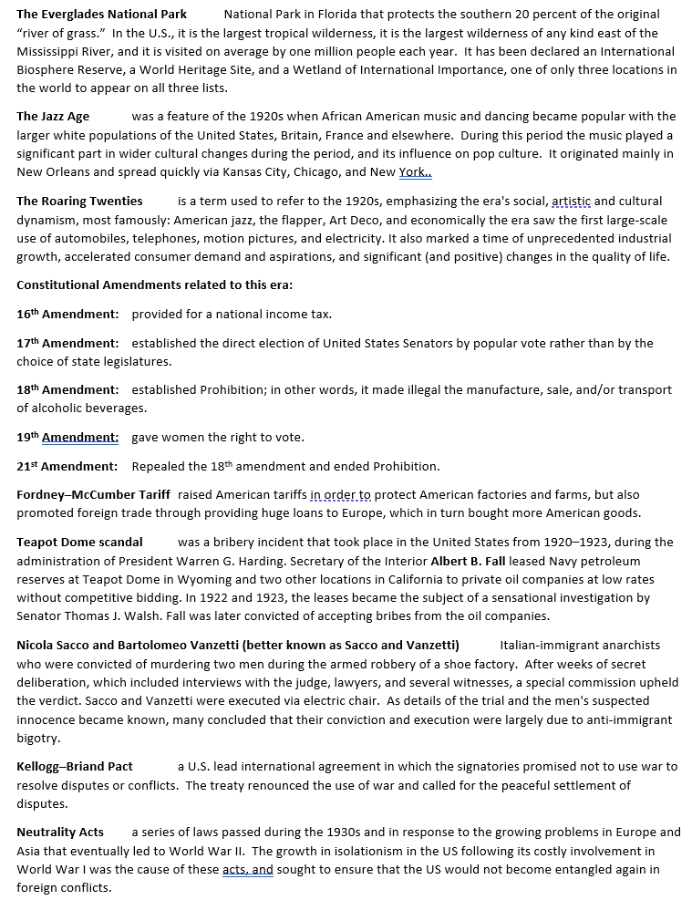 Quizlet / Blooket ready US History FL EOC key terms Roaring 20s - Classful