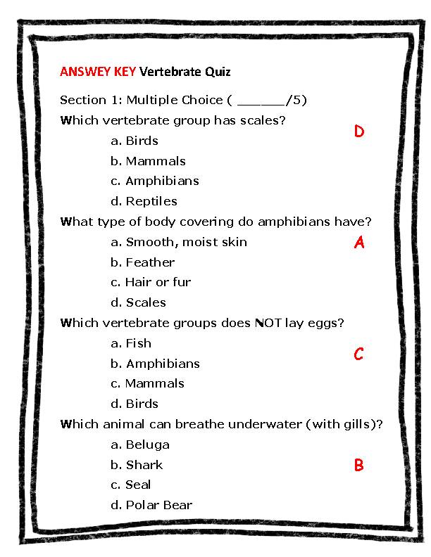 VERTEBRATES UNIT- QUIZ WITH ANSWERS - Classful
