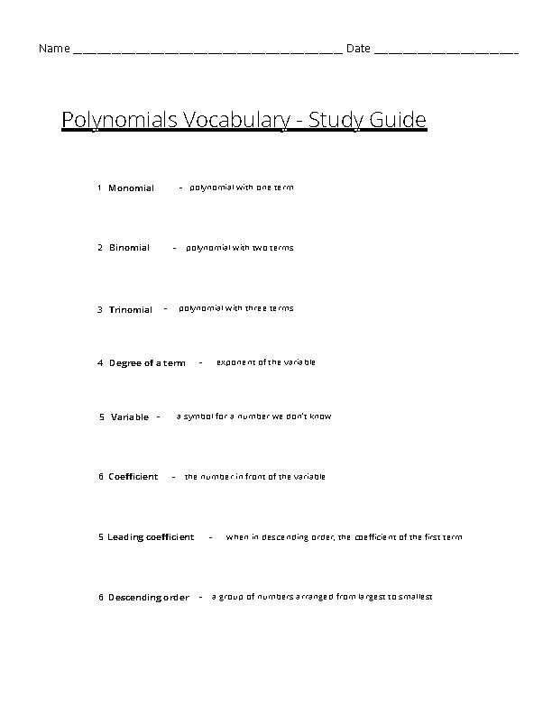 Algebra Polynomials Math Vocabulary Desk Matchups 2 Activity High ...