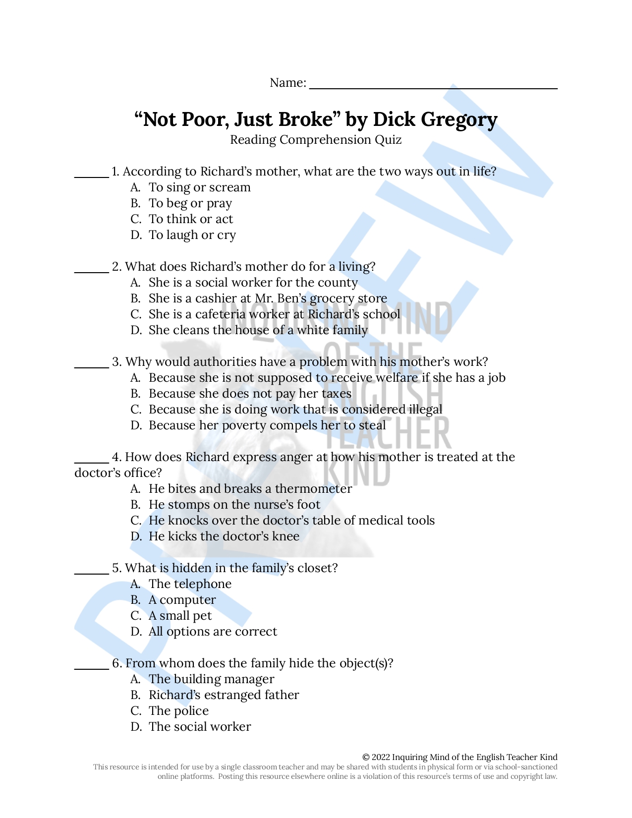 Not Poor, Just Broke by Dick Gregory Quiz and Answer Key - Classful