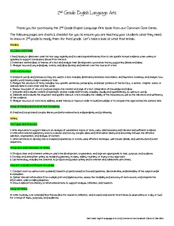 2nd Grade Common Core English Language Arts Charts & Checklists - Classful