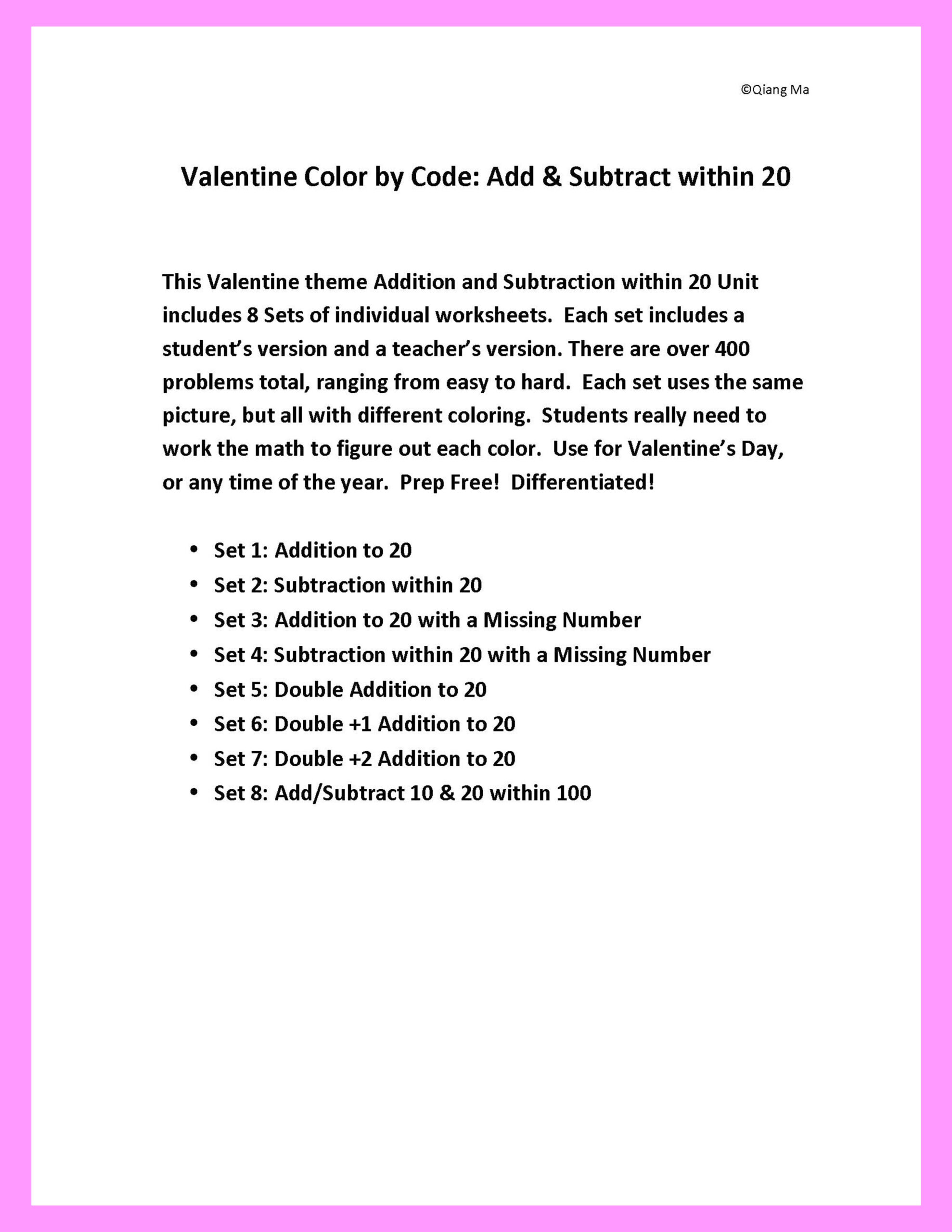Valentine Color by Code- Add and Subtract within 20- Cupcake - Classful