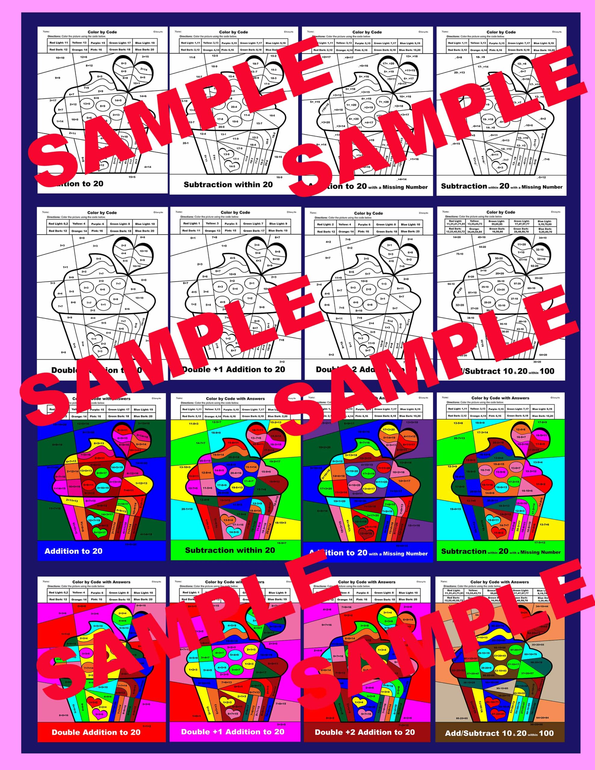Valentine Color by Code- Add and Subtract within 20- Cupcake - Classful