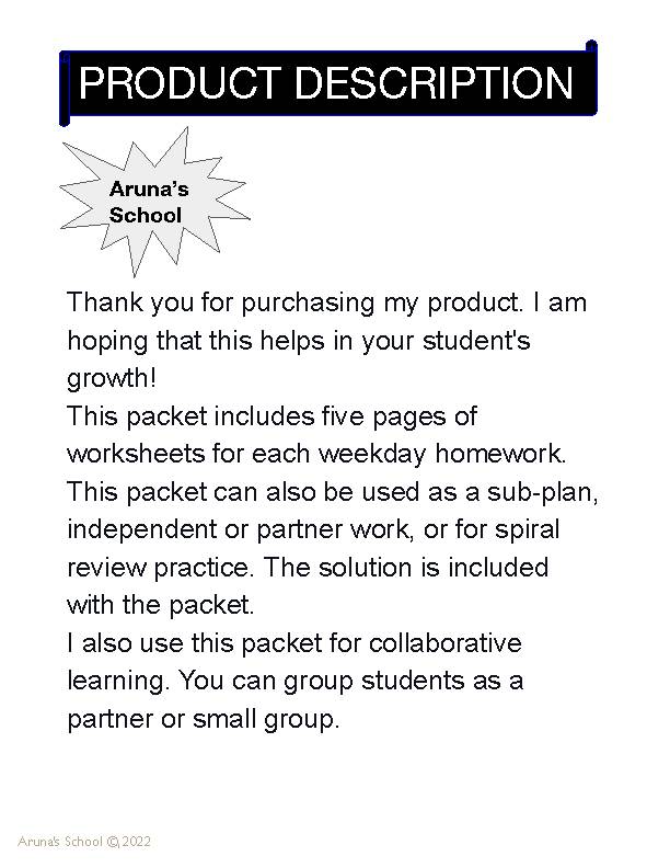 4th grade weekly practice sheet/homework- - Classful