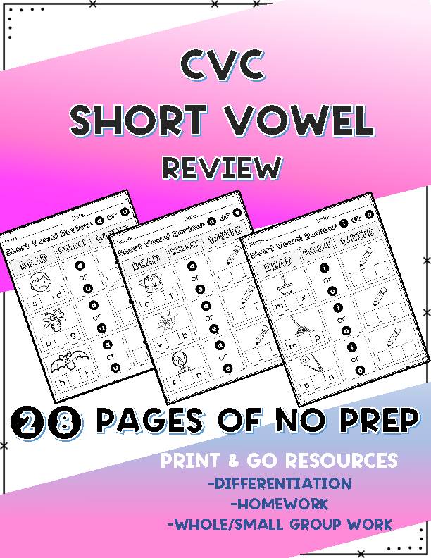 CVC- Phonics Short Vowel Review Worksheets- NO PREP- PRINT and GO ...