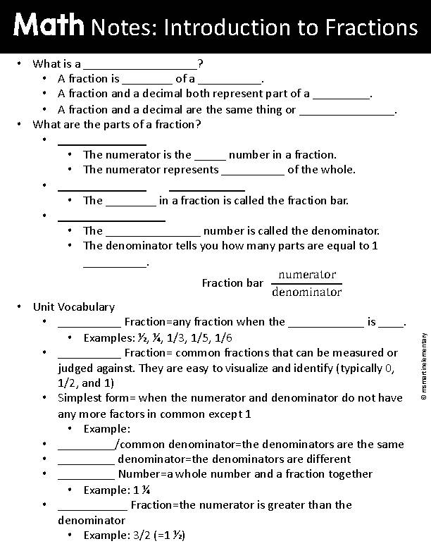 Math Notes and Practice-Introduction to Fractions - Classful