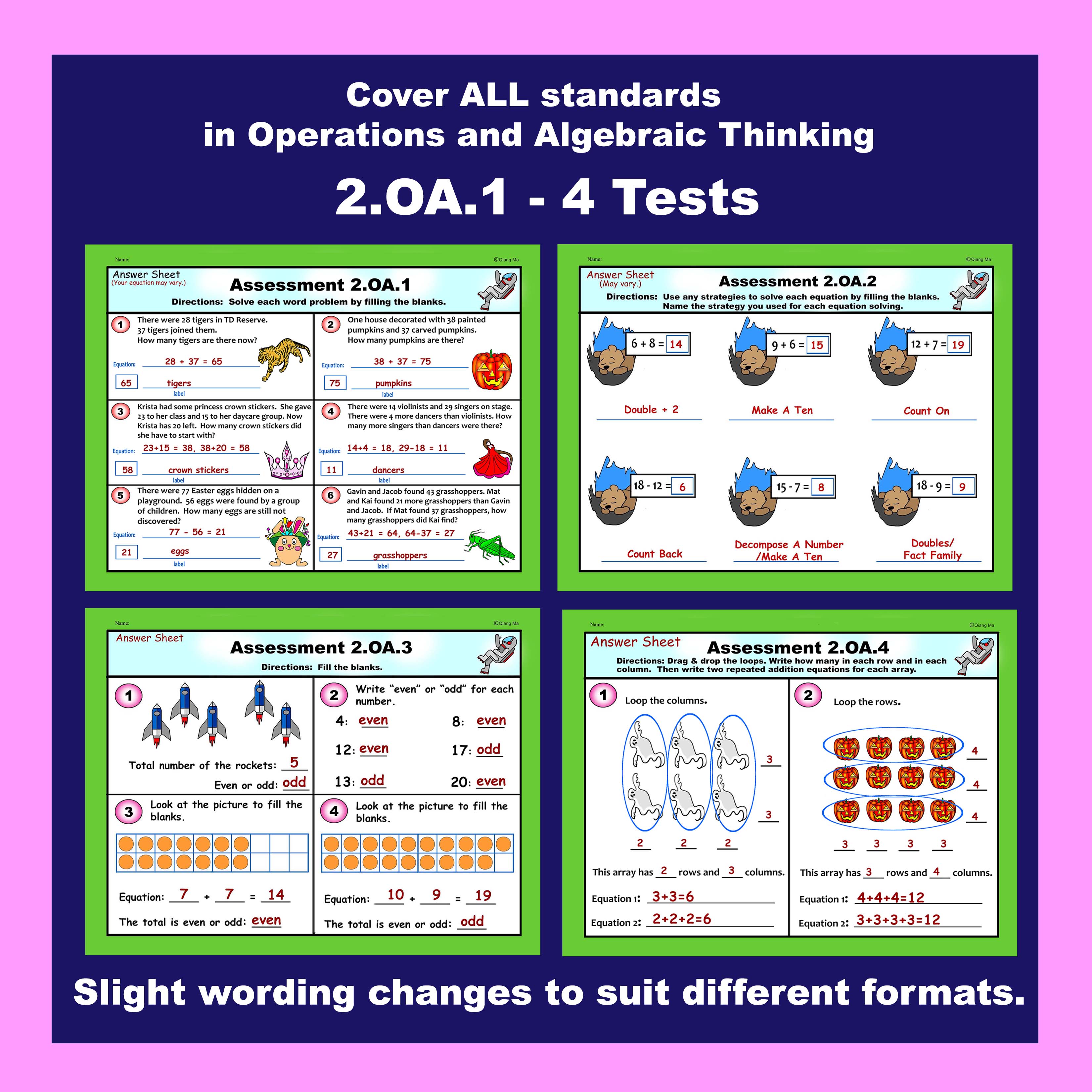 2nd Grade Math Addition and Subtraction 2.OA Tests - Classful
