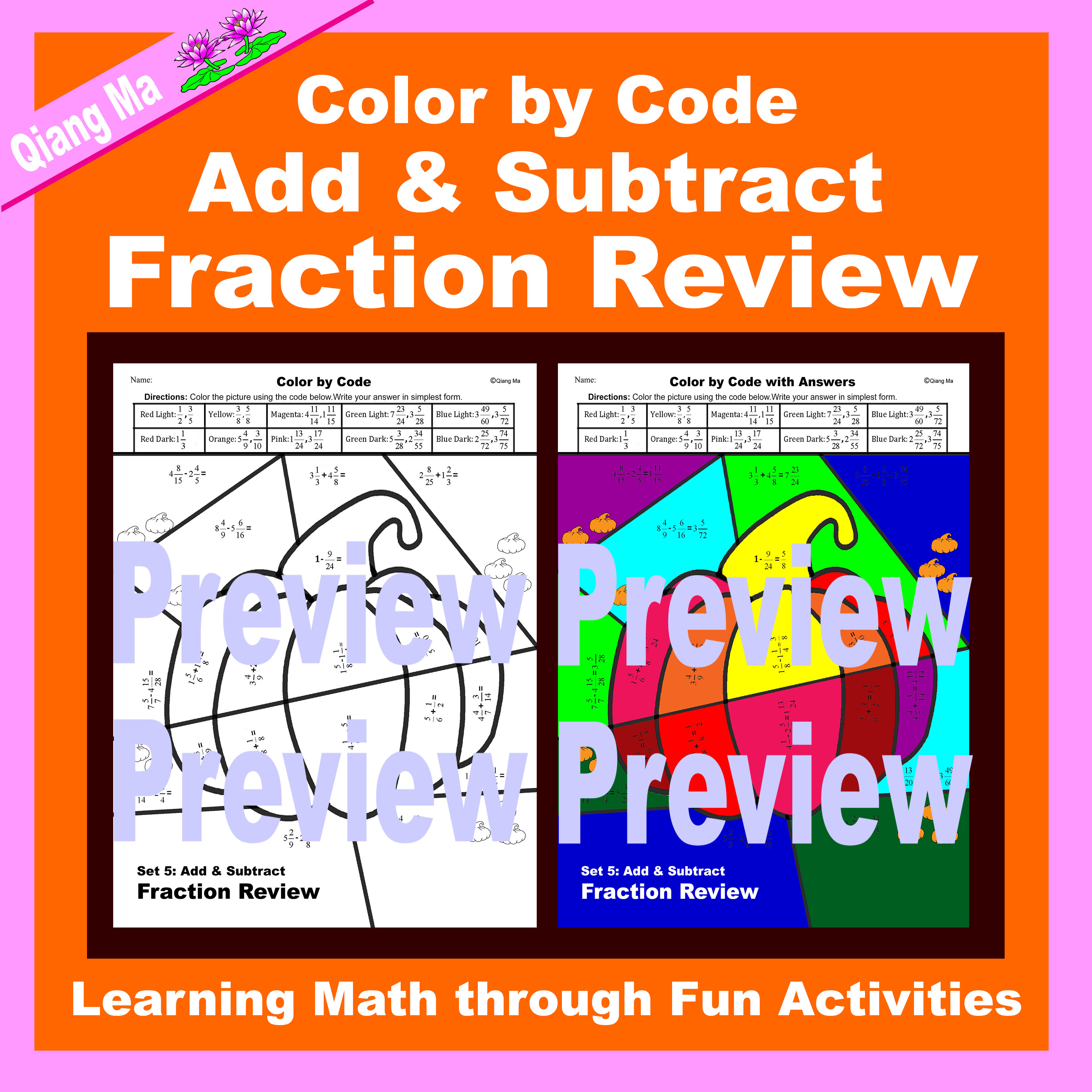 Halloween Color by Code- Add and Subtract Fraction Review - Classful