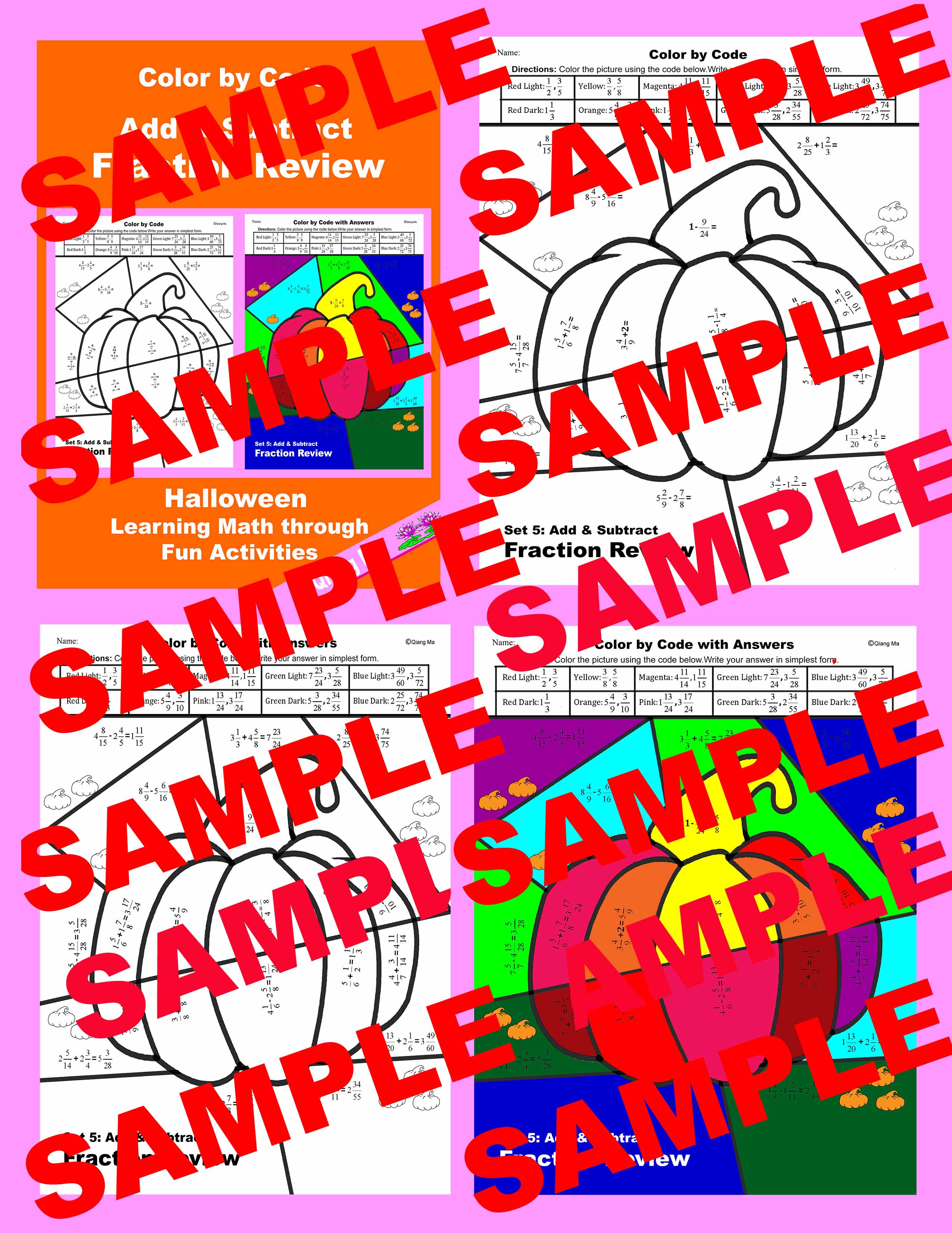 Halloween Color by Code- Add and Subtract Fraction Review - Classful