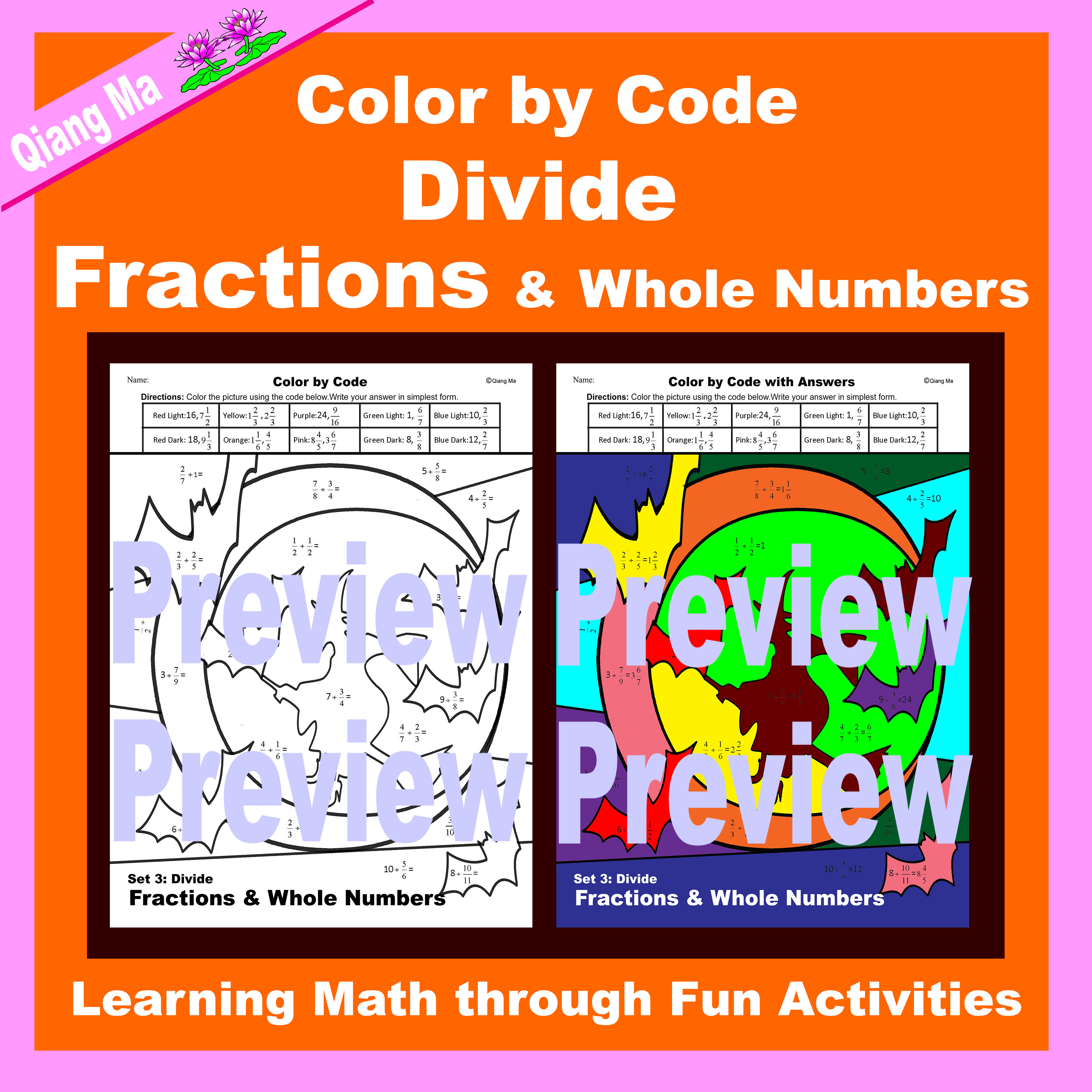 Halloween Color by Code- Divide Fractions and Whole Numbers - Classful