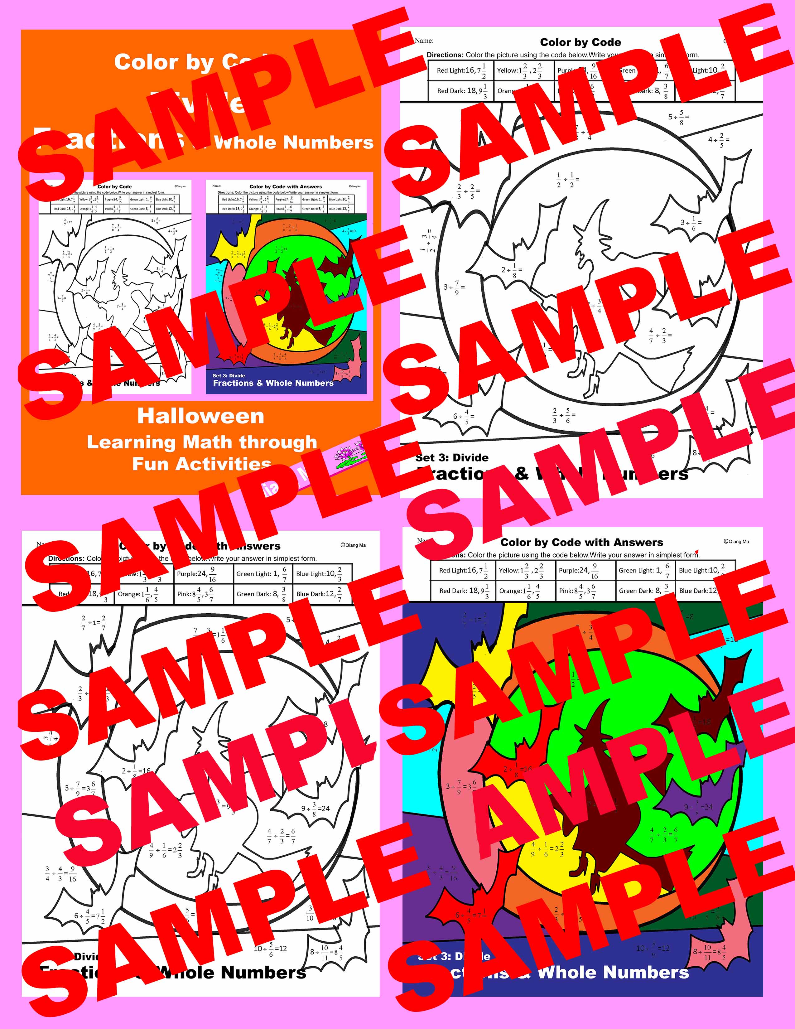 Halloween Color by Code- Divide Fractions and Whole Numbers - Classful