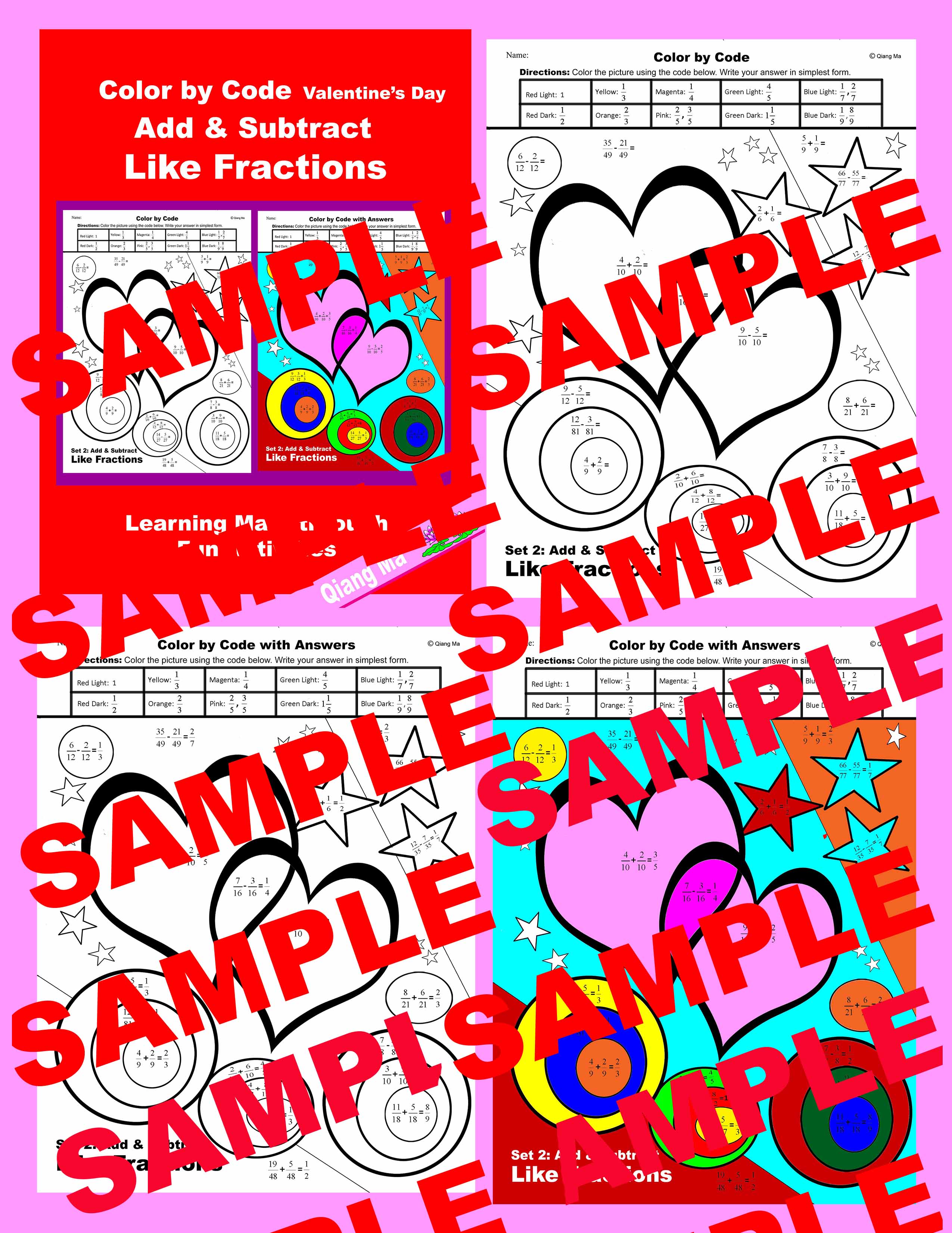 Valentine Color by Code- Add and Subtract Like Fractions - Classful