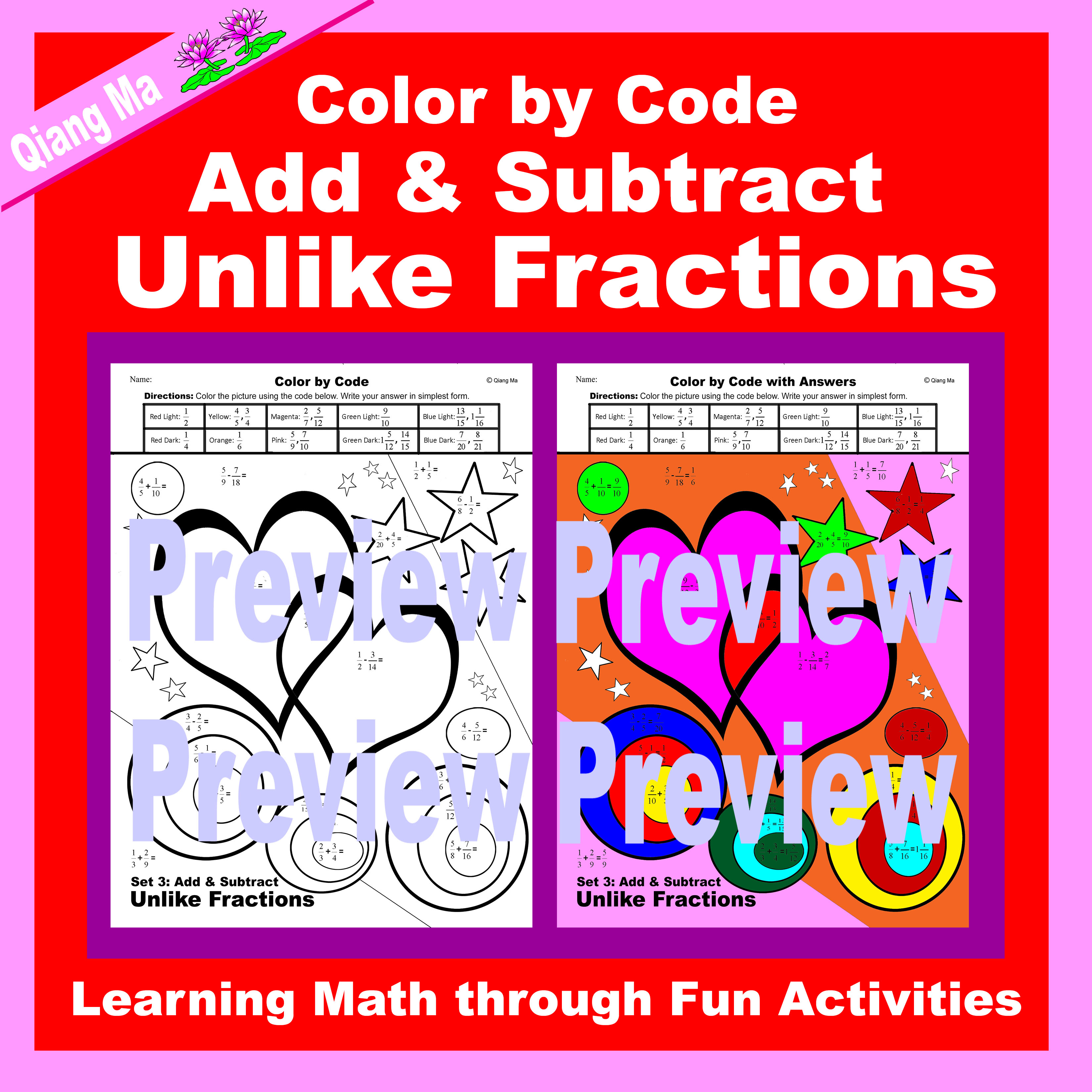 Valentine Color by Code- Add and Subtract Unlike Fractions - Classful