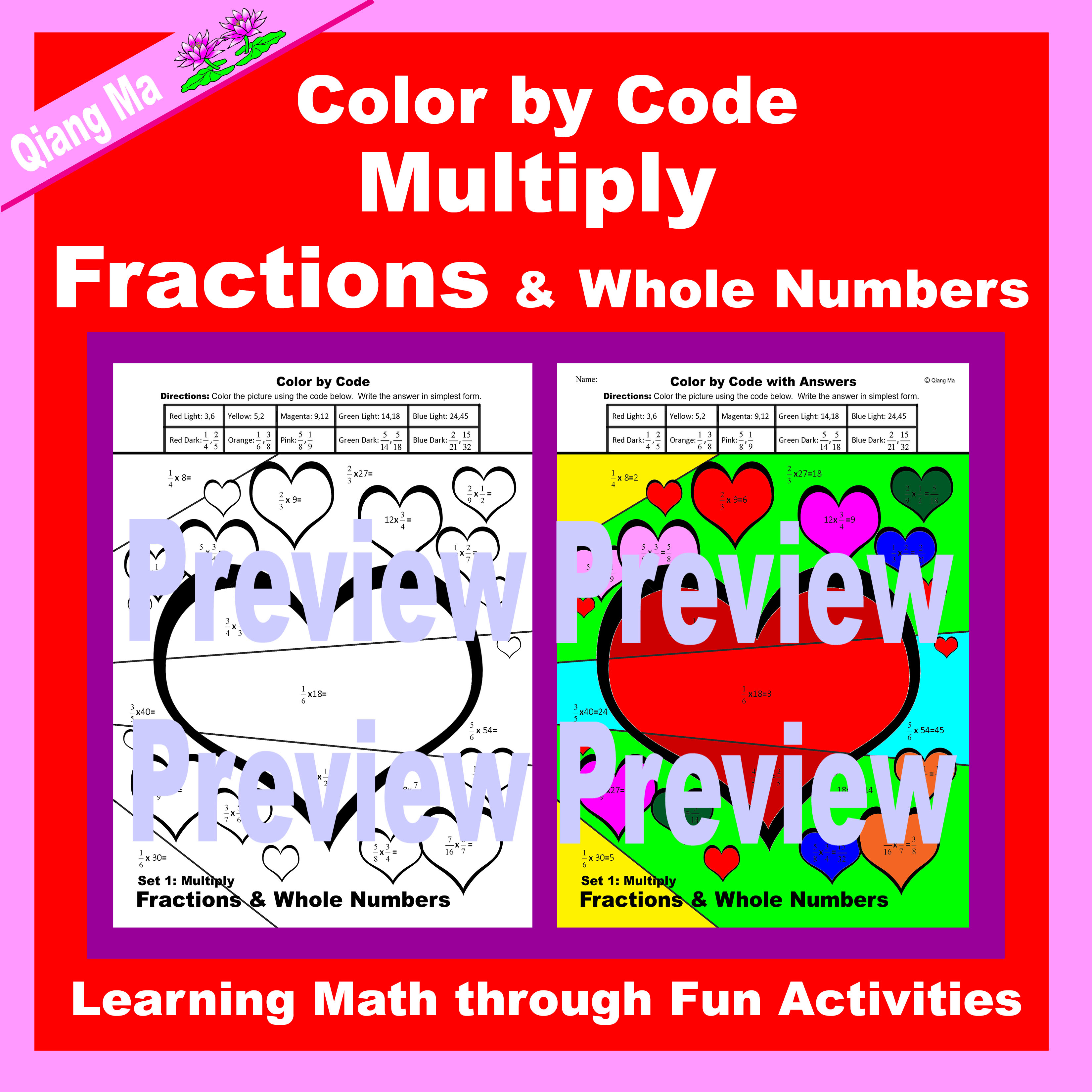 Valentine Color by Code- Multiply Fractions and Whole Numbers - Classful