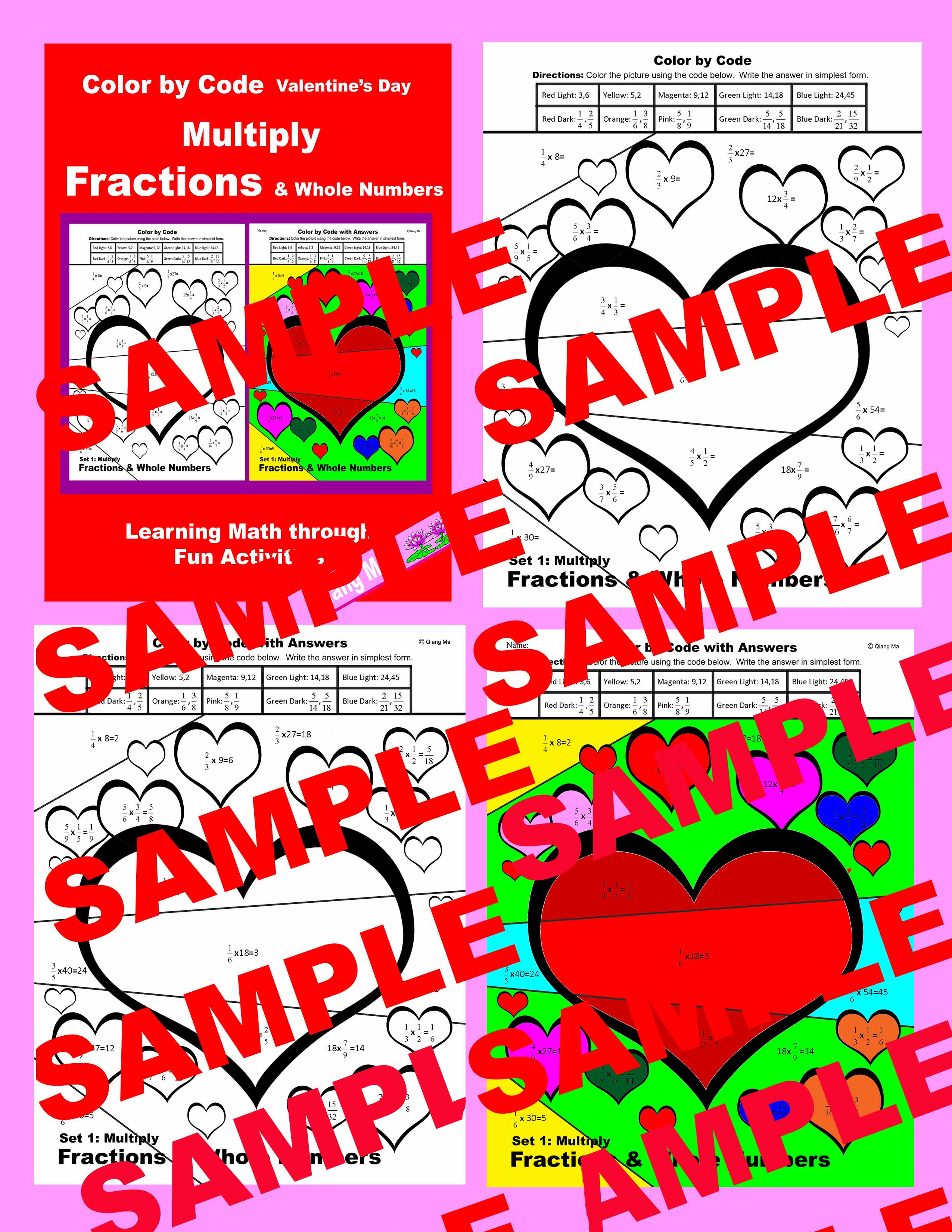 Valentine Color by Code- Multiply Fractions and Whole Numbers - Classful
