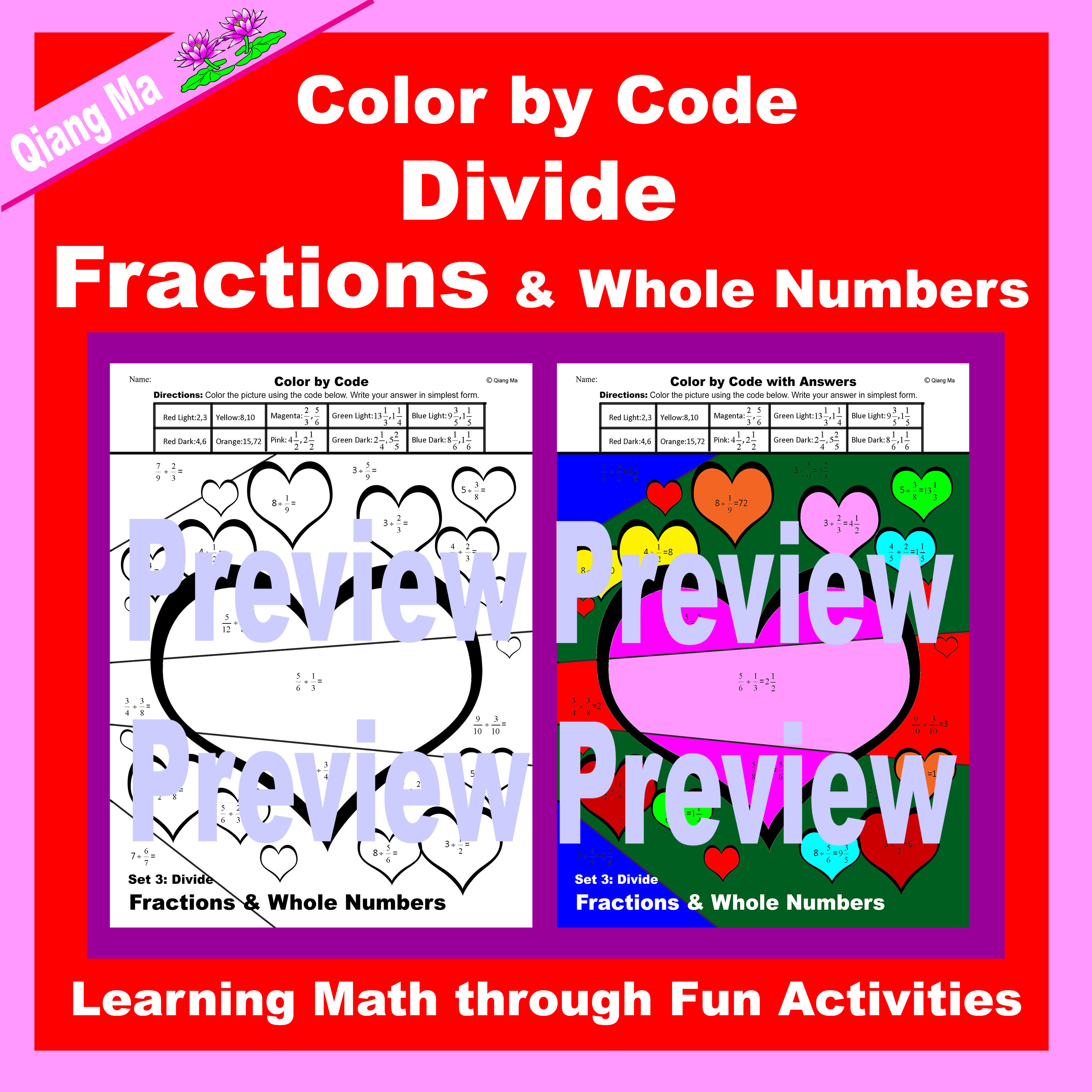 Valentine Color by Code- Divide Fractions and Whole Numbers - Classful