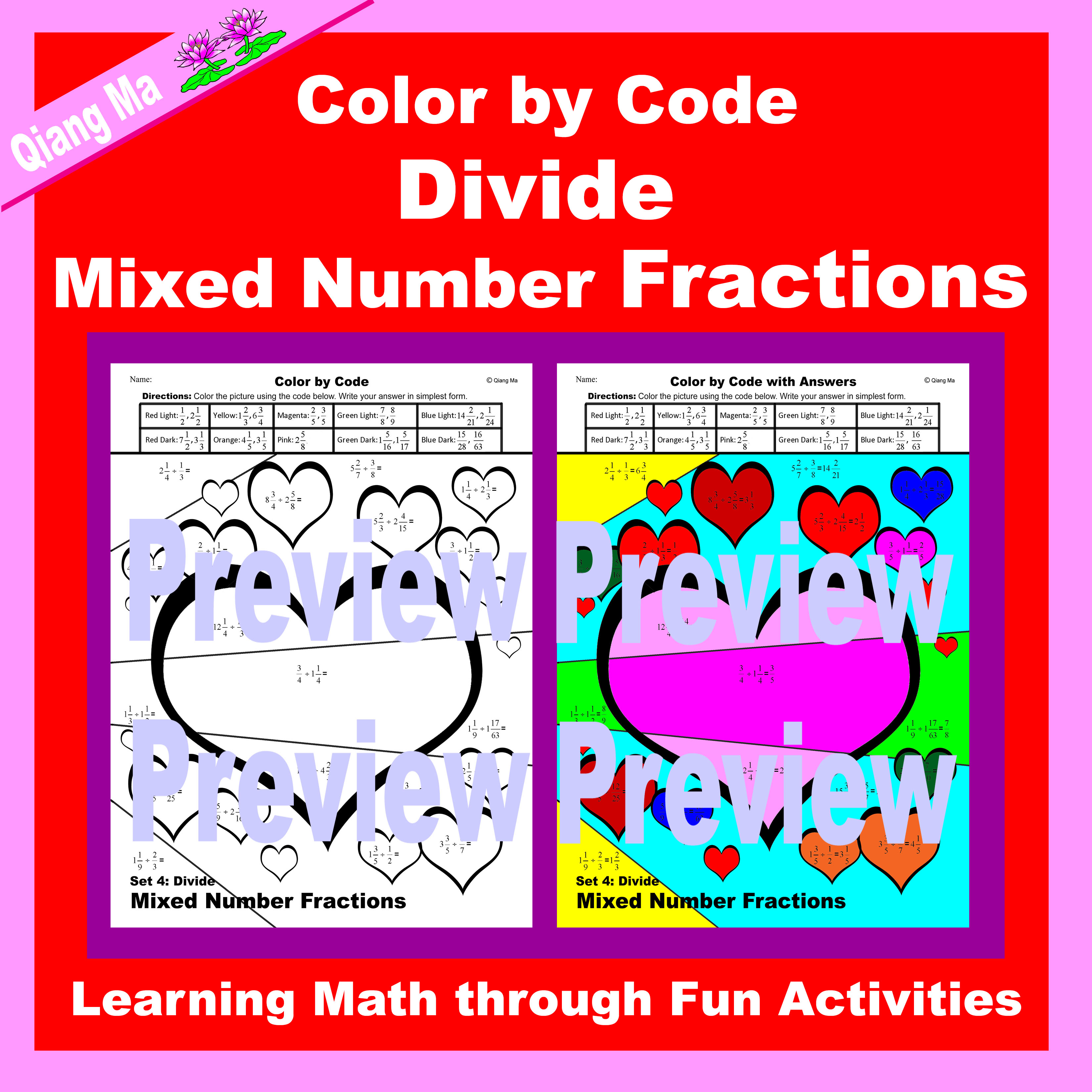 Valentine Color by Code- Divide Mixed Number Fractions - Classful