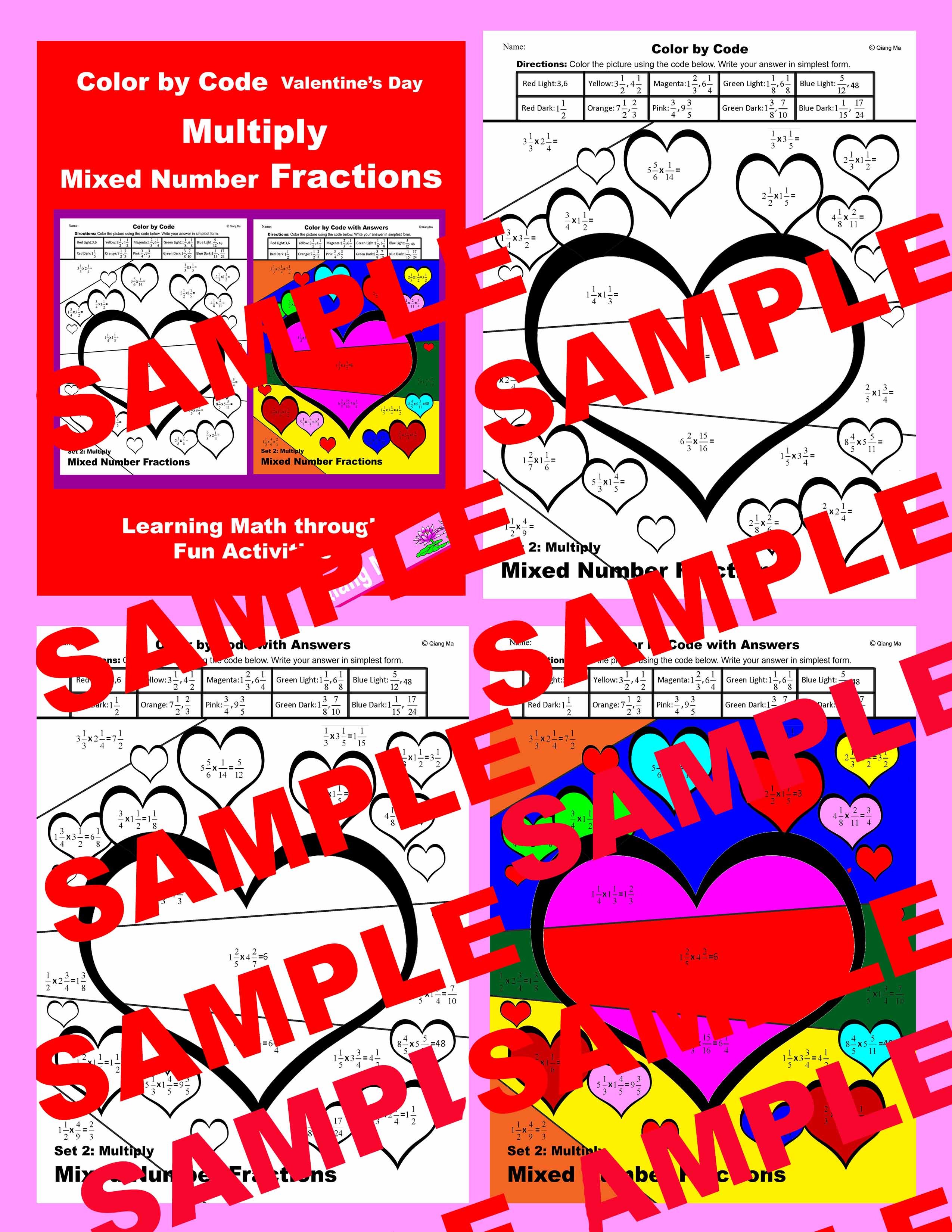 Valentine Color by Code- Multiply and Divide Fractions 5 in 1 - Classful