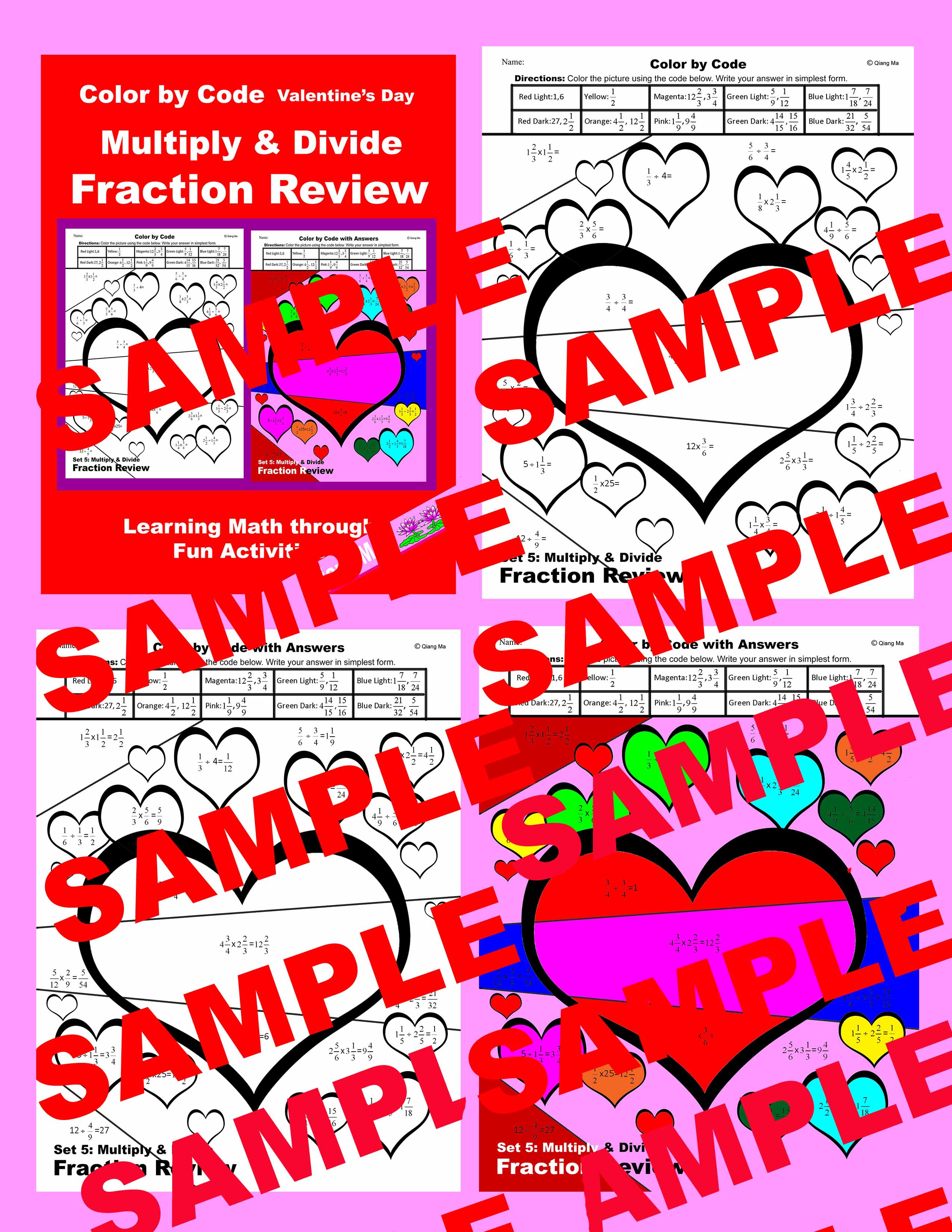 Valentine Color by Code- Multiply and Divide Fractions 5 in 1 - Classful