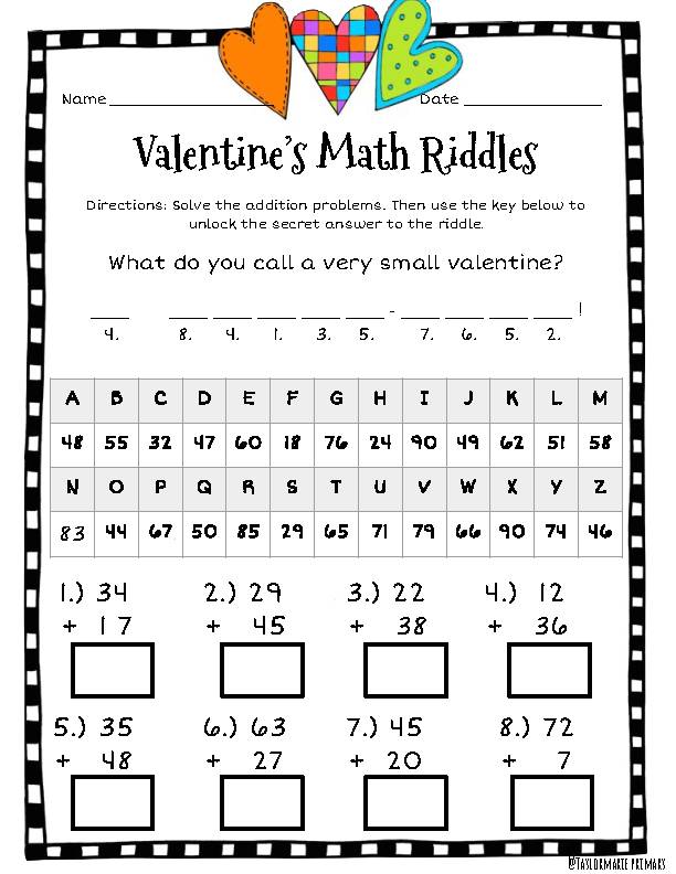 Valentine's Day Math Riddle Worksheets Two-Digit Addition Mixed ...