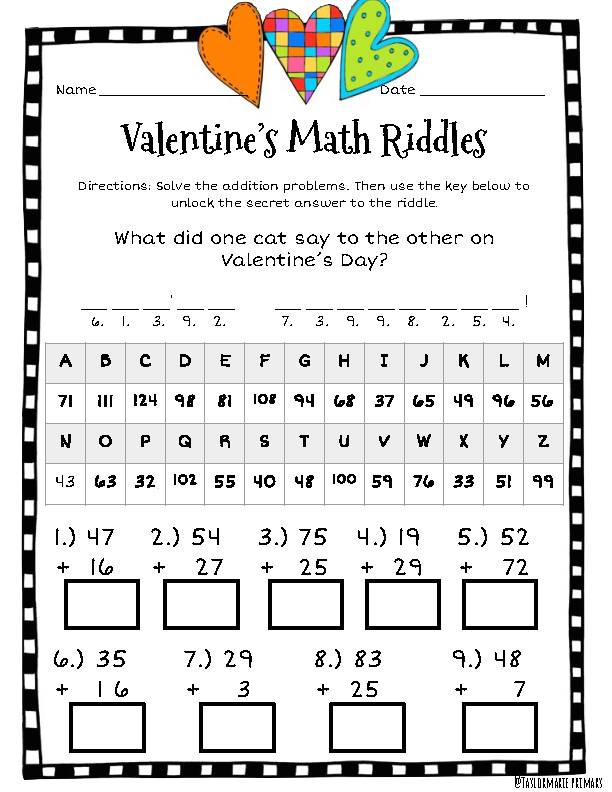 Valentine's Day Math Riddle Worksheets Two-Digit Addition Mixed ...