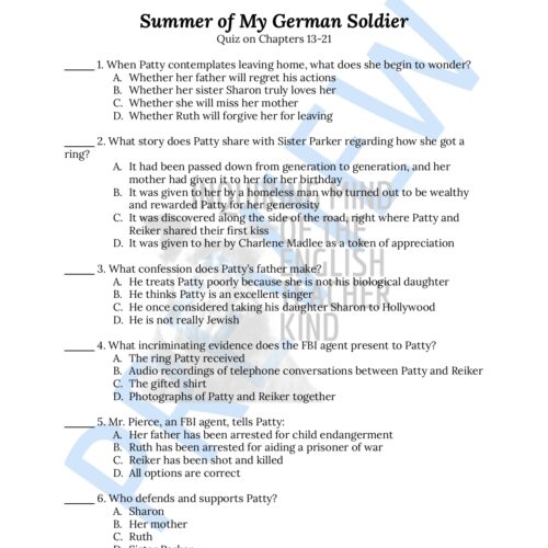 Summer of My German Soldier Quiz Bundle with Answer Keys - Classful