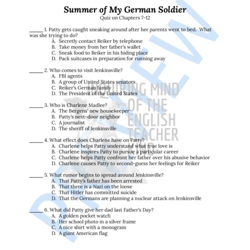 Summer of My German Soldier Quiz Bundle with Answer Keys - Classful